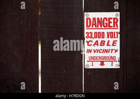A High voltage warning sign on the fence around an electrical ...