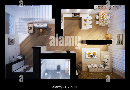 Floor plan of a house top view 3D illustration. Open concept living ...