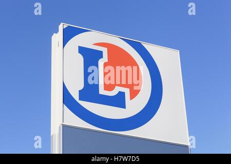Exterior and logo of a French Leclerc supermarket chain store France ...