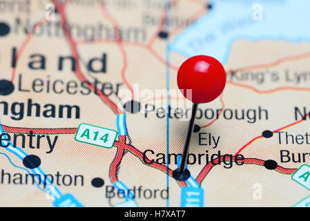Cambridge map. Close up of Cambridge map with red pin. Map with red pin ...