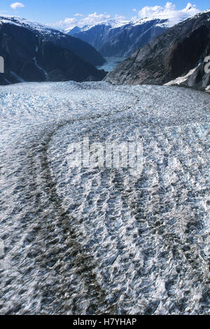Glacier showing lateral and medial moraines in glacial valley, Alaska ...