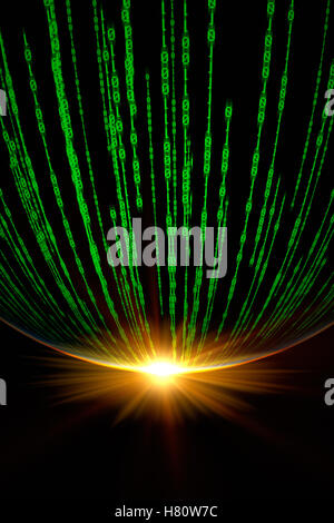 Digital binary code on landscape, glowing neon style, binary data background, Green color Stock ...