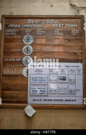 Train timetable board at Ella train station in the Sri Lanka highlands ...