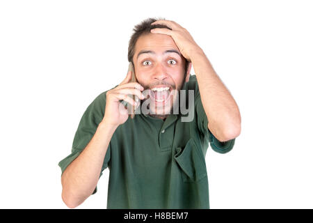 young man with cellphone doing funny faces isolated in white Stock ...