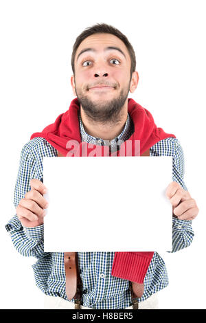 Happy nerd posing with blank board isolated in a white background Stock ...