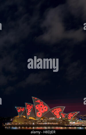 Sydney Opera House with poppies light show at night for Remembrance day ...