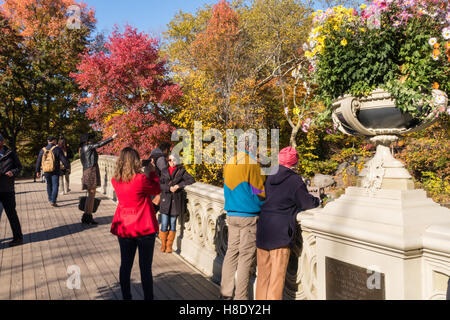 Bow Bridge and fall colors in Central Park with Manhattan Upper West ...