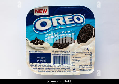pot of new Oreo vanilla flavour yogurt with Oreo cookie crumb with lid ...