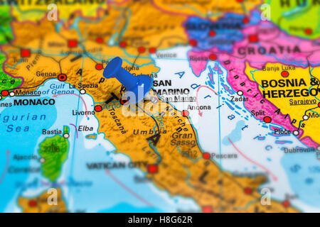 San Marino map. San Marino pin map. Close up of San Marino map with red ...