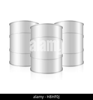 Three silver metal oil barrels on black background. Front view. Oil ...