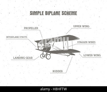 Set of vintage aircraft design elements. Retro Biplanes in color, line ...
