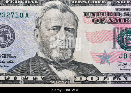 "Ulysses S. Grant" face on US fifty or 50 dollars bill macro, united ...