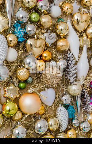 Christmas tree background decorated with balls, stars and lights Stock ...