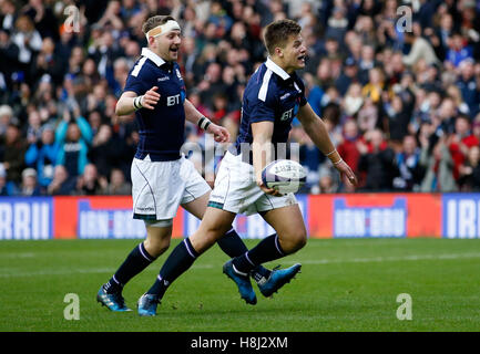Scotland's Huw Jones celebrates scoring his second try during the ...