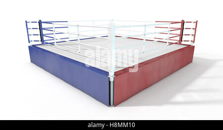 A modern boxing ring with opposing blue and red corners backlit by a ...