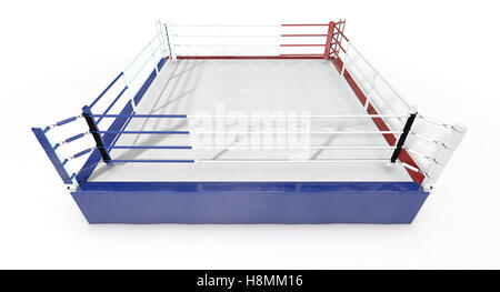 A modern boxing ring with opposing blue and red corners backlit by a ...