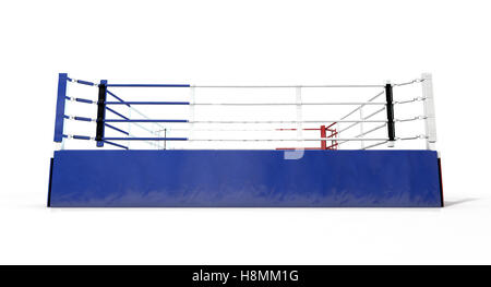 A modern boxing ring with opposing blue and red corners backlit by a ...