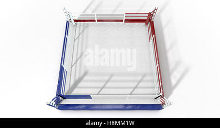A modern boxing ring with opposing blue and red corners backlit by a ...