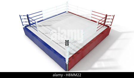 A modern boxing ring with opposing blue and red corners backlit by a ...