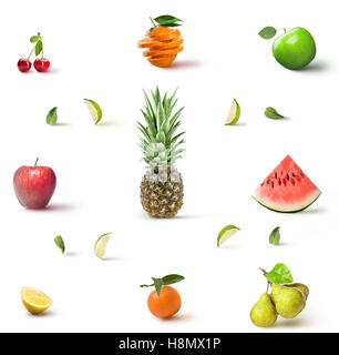 Collage with many fresh exotic fruits on white background Stock Photo ...