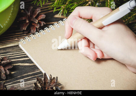 Female hand with notebook, pen, Christmas gift, candy cane and confetti ...