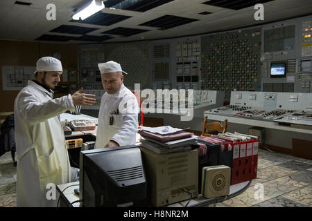 Control room and reactor shut-down switch in Hinkley Point B nuclear power station. Somerset, UK ...