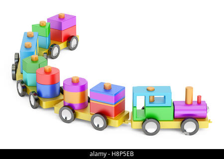 Wooden toy train with colorful blocs on the wooden table. 3D rendering ...