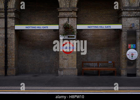 Notting Hill Gate tube station. The identifying roundel sign on the ...