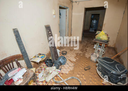Interior of a poor African slum house showing devastation following a ...
