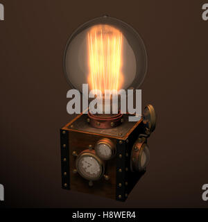 Rendered steampunk style Edison lamp with decorative wings and clock ...