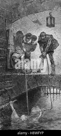 witches, witch-hunt, witch trial in water, swimming witch, woodcut ...