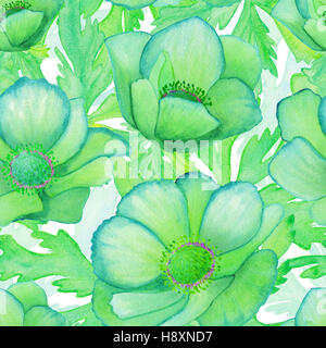Watercolor anemone flower seamless pattern on a pink background. Floral ...