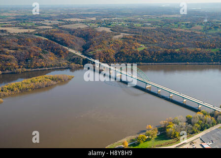 Aerial view of Dubuque, Iowa and the Mississippi River and a barge ...