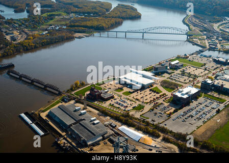 Aerial view of Dubuque, Iowa and the Mississippi River and a barge ...