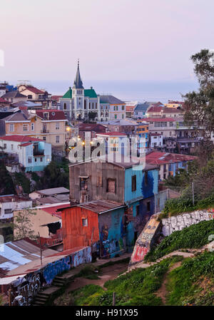 Chile, Valparaiso, Elevated view of the historic quarter Cerro ...