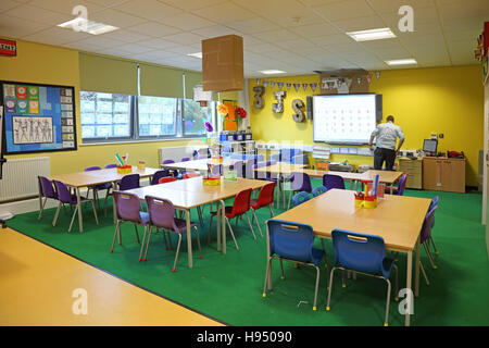 Brightly coloured interior of a modern year 1 school classroom showing ...