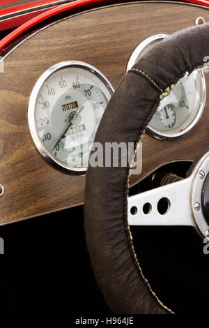 Steering wheel and dashboard of an MG TD sports car from the early 1950 ...