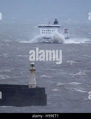 A DFDS ferry heads for the Port of Dover in Dover, Kent, as Storm Angus ...