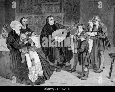 Martin Luther at home with musical instrument, historical illustration ...
