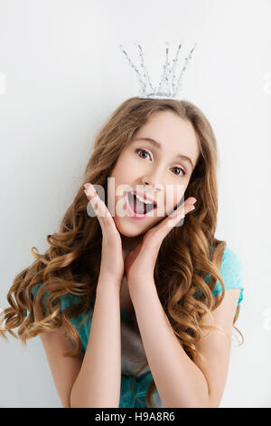 Happy surprise for princess. Surprised princess blue background. Funny ...