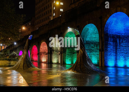 Illuminated arches near Bradford Forster Square, Railway Station, with ...