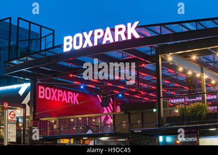 Boxpark pop-up food, drink and entertainment shipping container stack ...