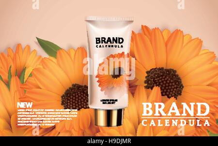 Calendula hand cream ads, 3d illustration cosmetic ads design with ...