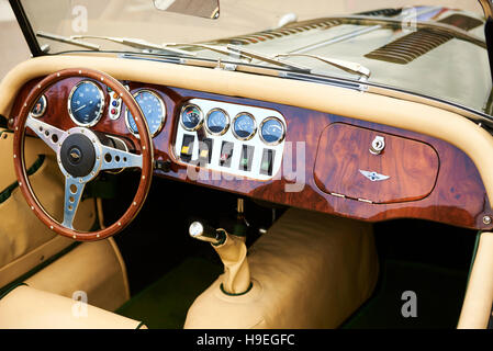 Morgan sports car cockpit with steering wheel and dashboard Stock Photo ...