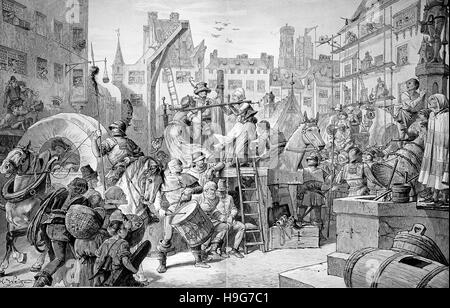 On the Marienplatz in Munich at the end of the 16th century, Germany ...
