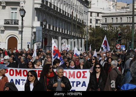 Athens, Greece. 24th November 2016. A PAME member is pictured during ...