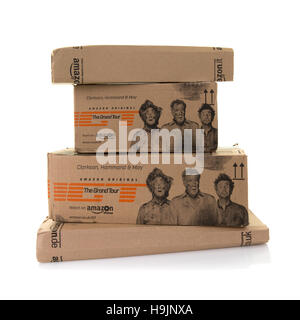 Amazon Prime boxes delivered and stacked at the front door of a ...