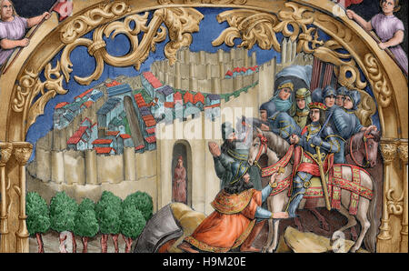 Surrender of the Moors at Granada to Isabella and Ferdinand 1492. Hand ...