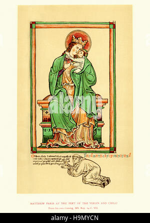 Monk Matthew Paris at the feet of the Virgin and Child, from his own ...