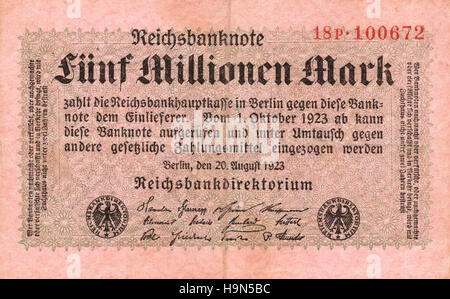 1923 Reichsbanknote Five million mark note Stock Photo - Alamy